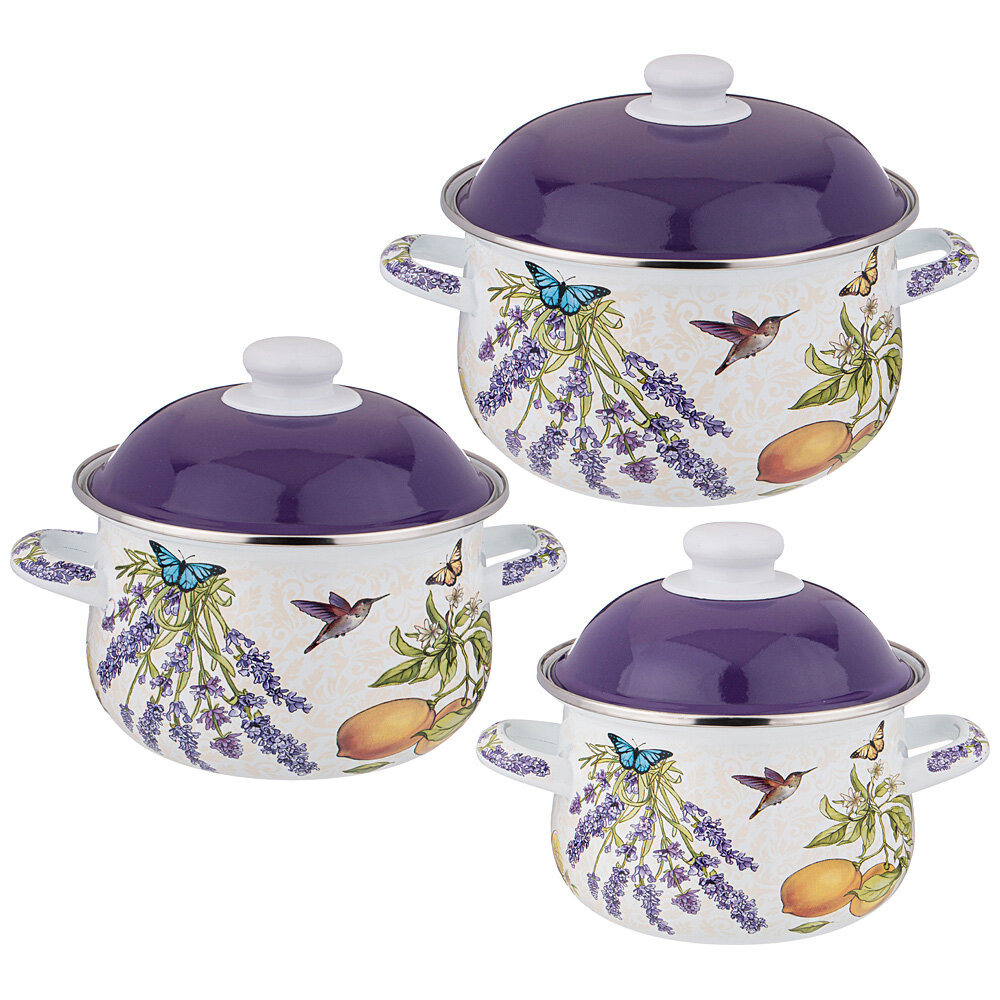 Набор кастрюль AGNESS эмалированных серия прованс лимоны, 6ПР. 1,5Л/2,8Л/3,6Л, 16Х10/20Х12/22Х13СМ