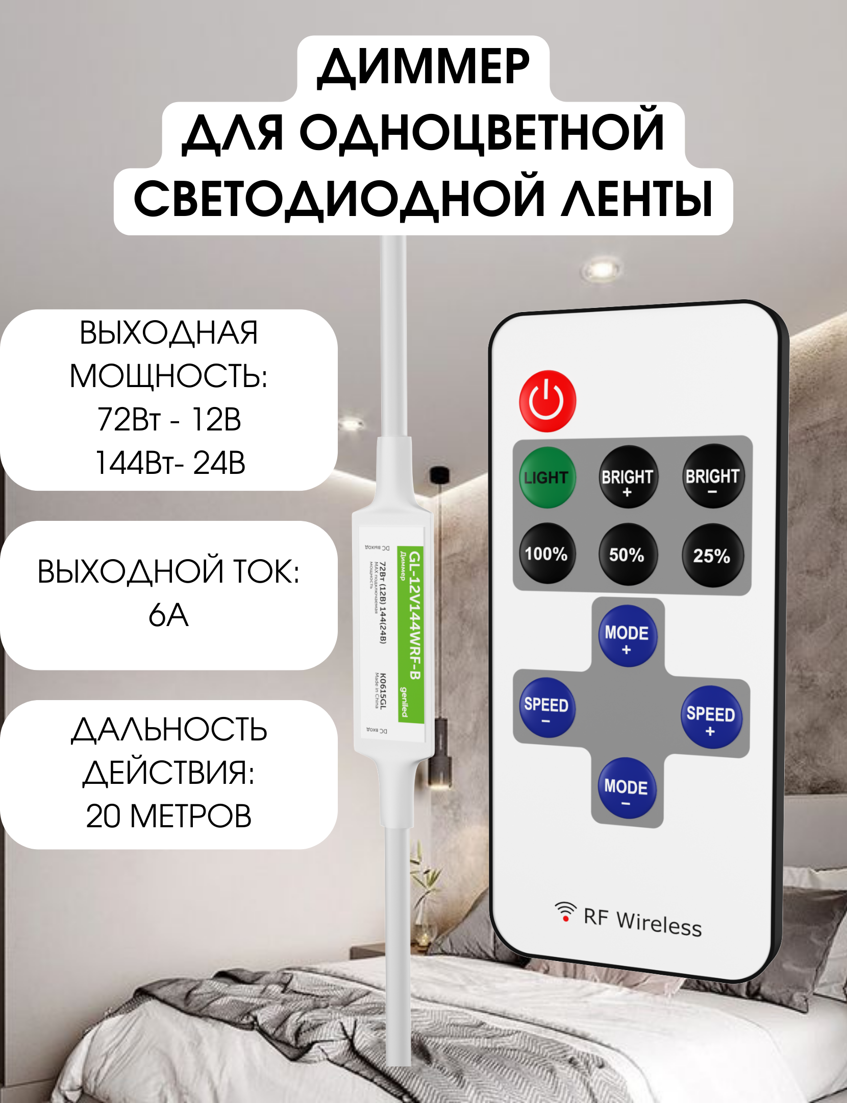 Geniled Пульт Диммер для управления одноцветной светодиодной ленты светорегулятор GL-12V144WRF-B