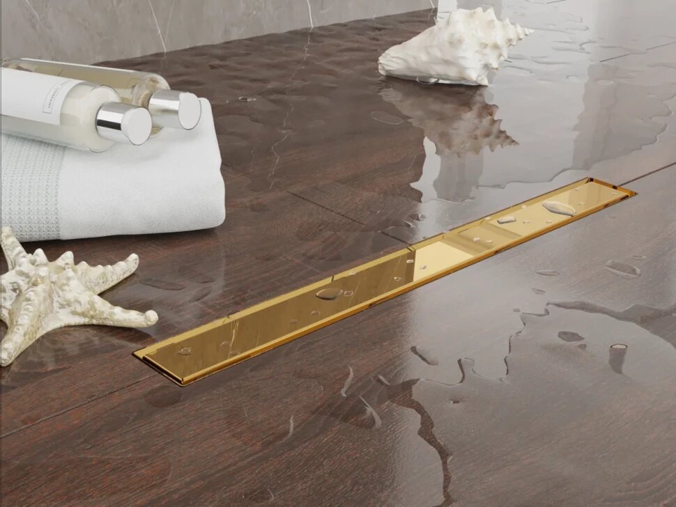 Душевой трап (лоток) Plumberia Selection In-Tile PST90OR 85,8 см, с решеткой, 2 в 1 под плитку, золотой