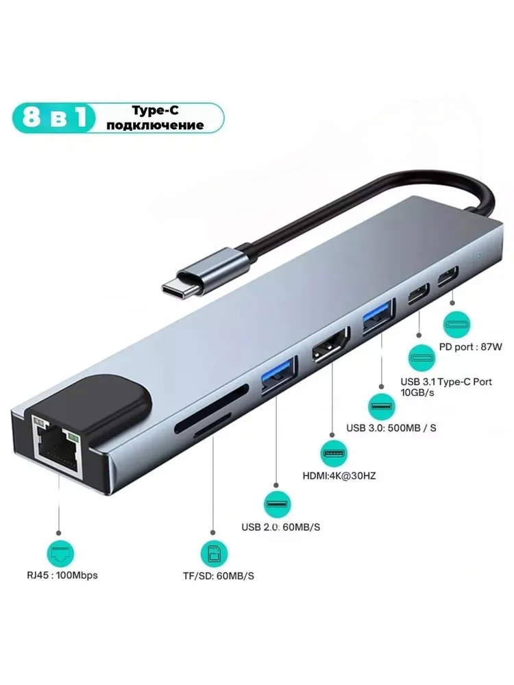 HUB Type C для Macbook / USB разветвитель / HDMI 4K адаптер / USB C + USB 3,0 + SD + TF + RJ45 / Алюминиевый сплав