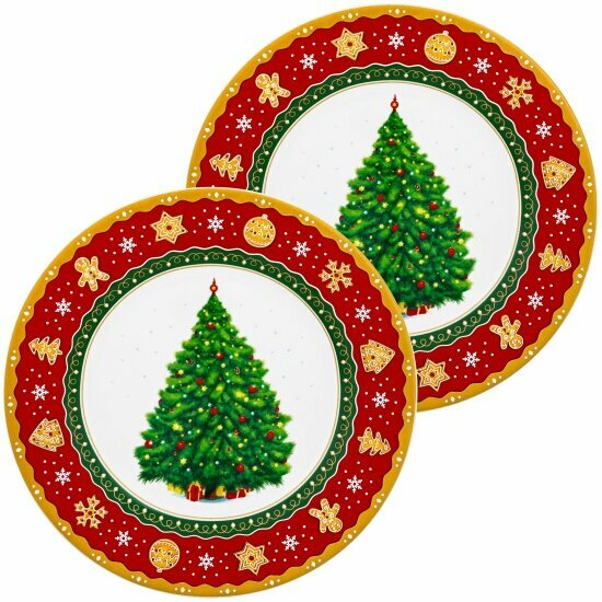 Набор тарелок десертных Elan Gallery "Новогодняя ёлка" красный узор,19х19х2 см, 2 предмета (420678)