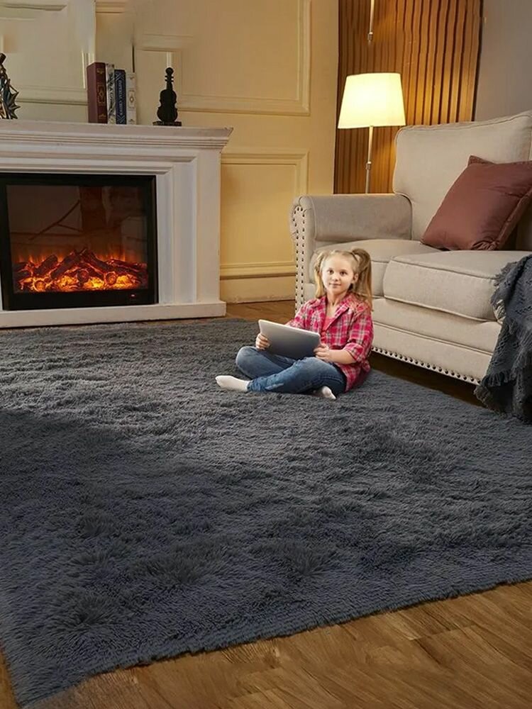 Ковер на полу размером 200x200 см можно использовать в спальнях гостиных детских комнатах тёмно-серый плюшевый мягкий и удобный