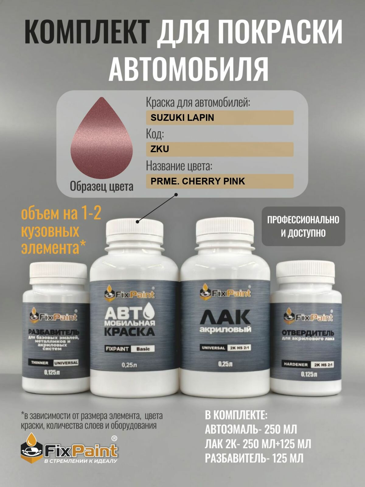 Комплект для покраски SUZUKI LAPIN, код ZKU, PRME CHERRY PINK, базовая автомобильная краска 250 мл, лак 2K 250 мл с отвердителем, разбавитель 125 мл, FixPaint Pro