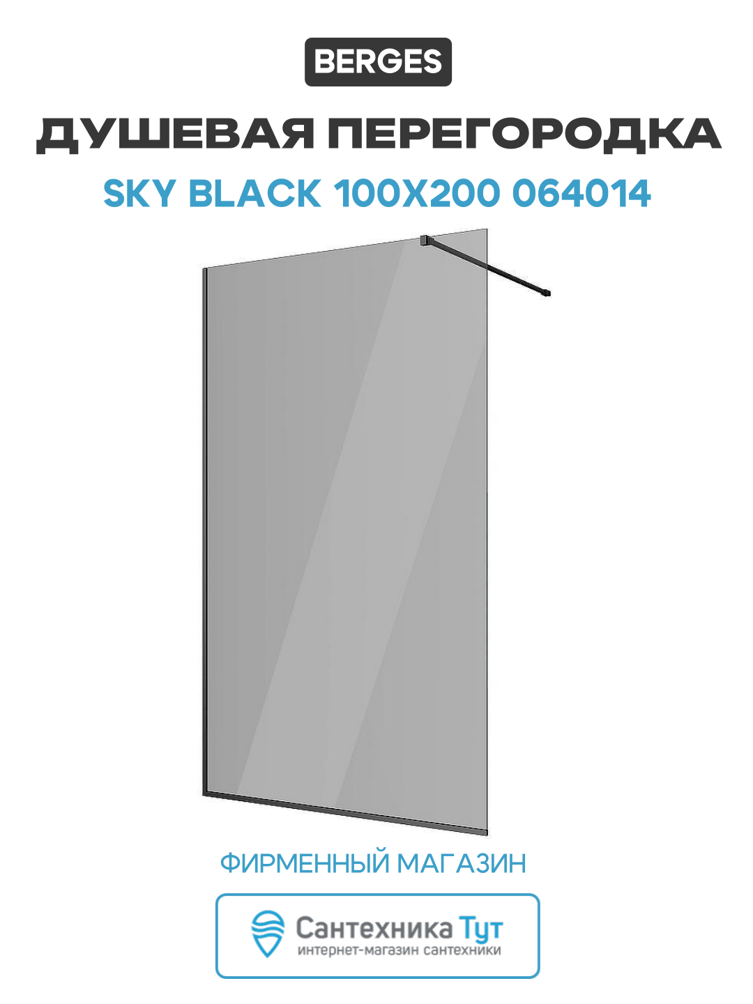 Душевая перегородка Berges Sky Black 100х200 064014 профиль Черный матовый стекло тонированное алюминий черный Германия