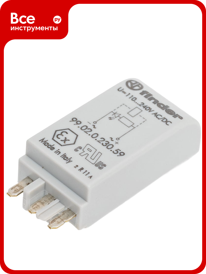 Зелёный светодиод Finder — модуль индикации и защиты с пластиковым корпусом, широкий диапазон напряжения.