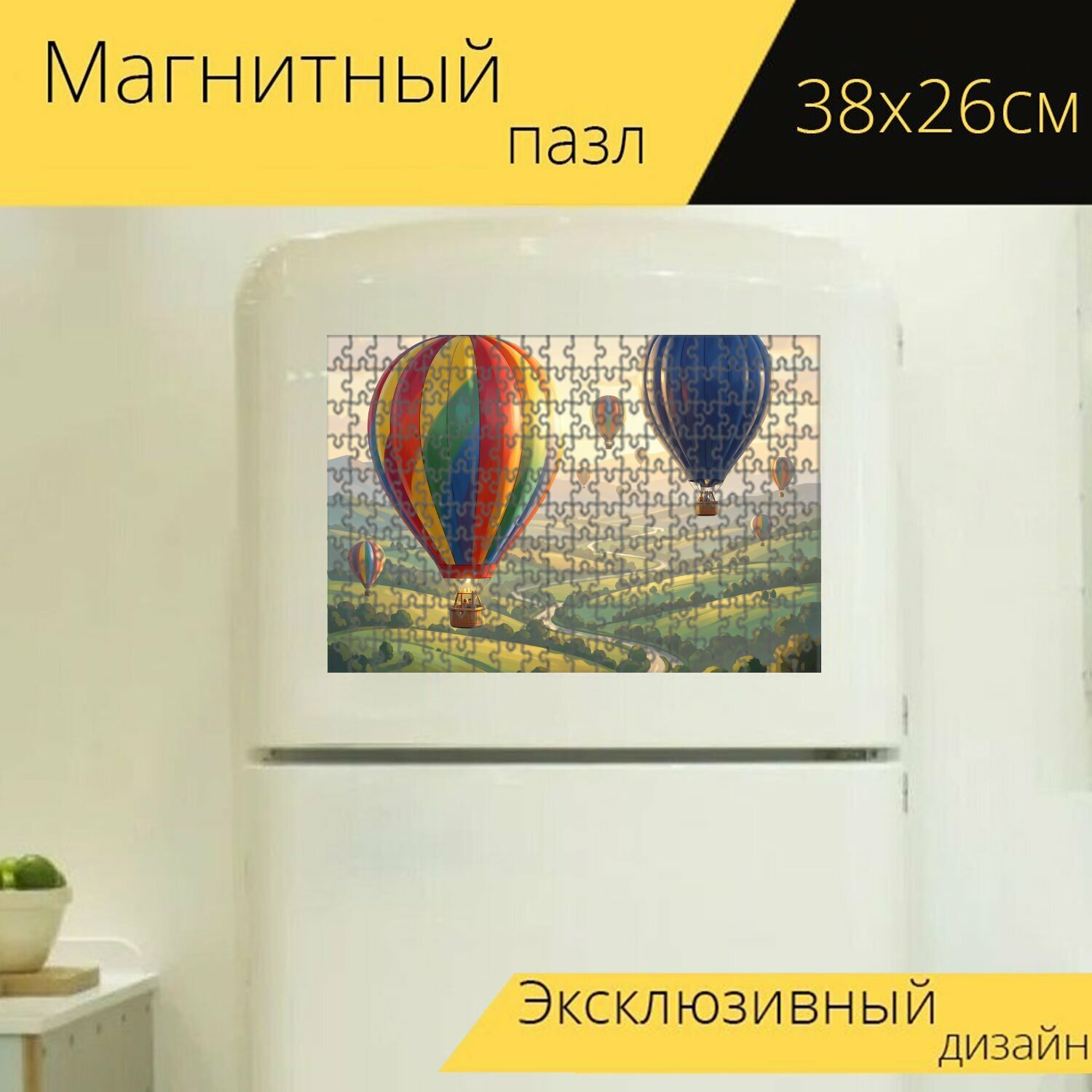 Магнитный пазл "Воздушные шары над холмами. Яркая панорама с парящими аэростатами над зелёными долинами и извилистой рекой, мягкий солнечный свет." для интерьера, 38х26 см.