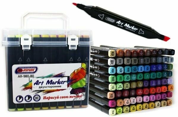 ART MARKER "ASMAR' ( скетчмаркер) двухсторонние 80 цветов, пулевидный и скошенный наконечник