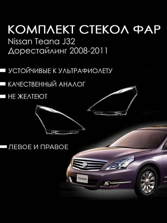 Стекла фар на Ниссан Теана 32 / Nissan Teana 32 2008-2010 дорестайлинг комплект (левое + правое)