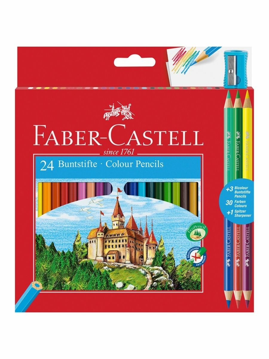 Карандаши цветные Faber-Castell "Замок", 24цв, шестигр, заточ.+6цв.+точилка, картон, европодвес, 110324