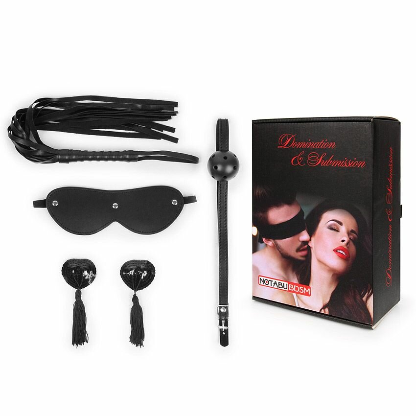 Эротический БДСМ набор, 4 предмета (маска, плетка, пэстисы, кляп), эко- кожа, черный