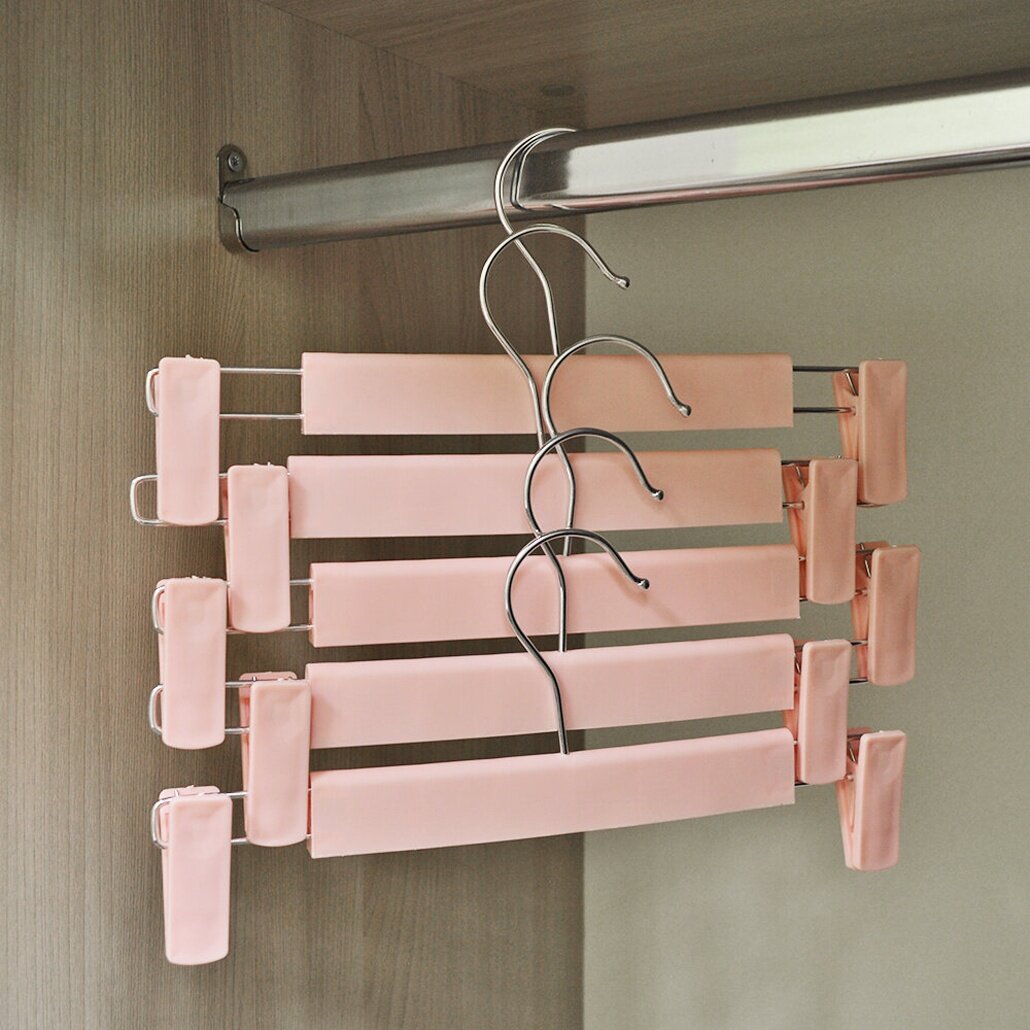 Вешалка для брюк с зажимами, 5-местная, розовый цвет, пластик + металл, набор 5 шт