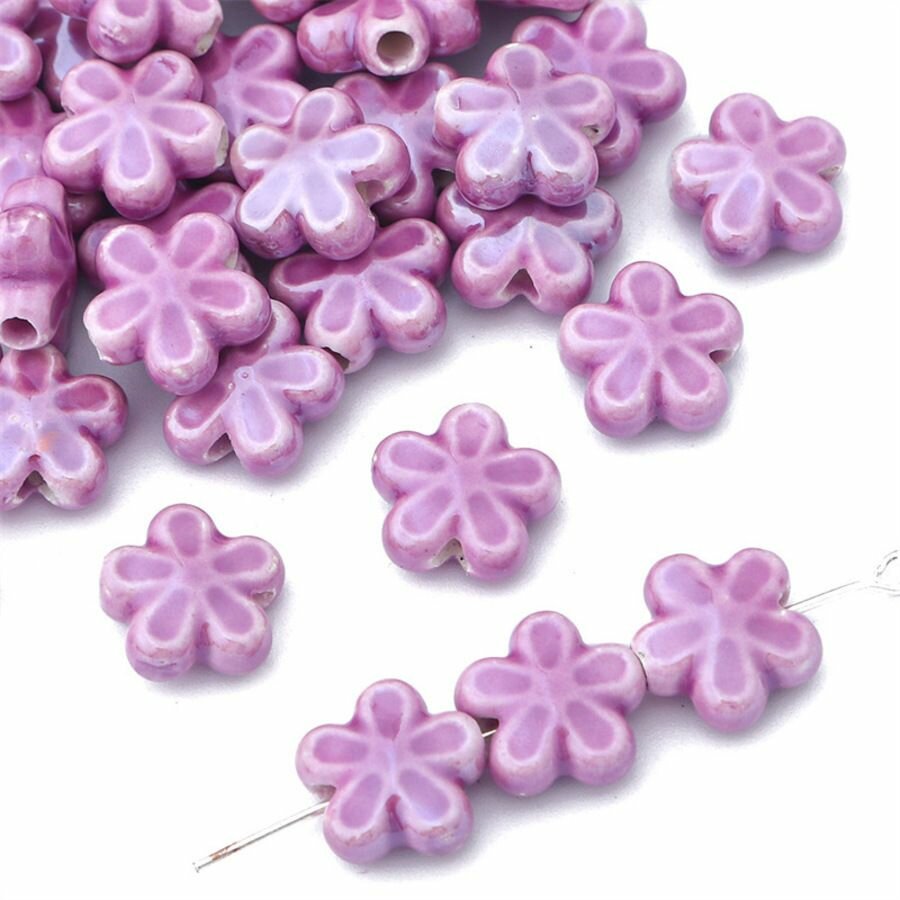 Керамические бусины "Сакура", форма цветка,12мм, цвет фиолетовый, 2шт
