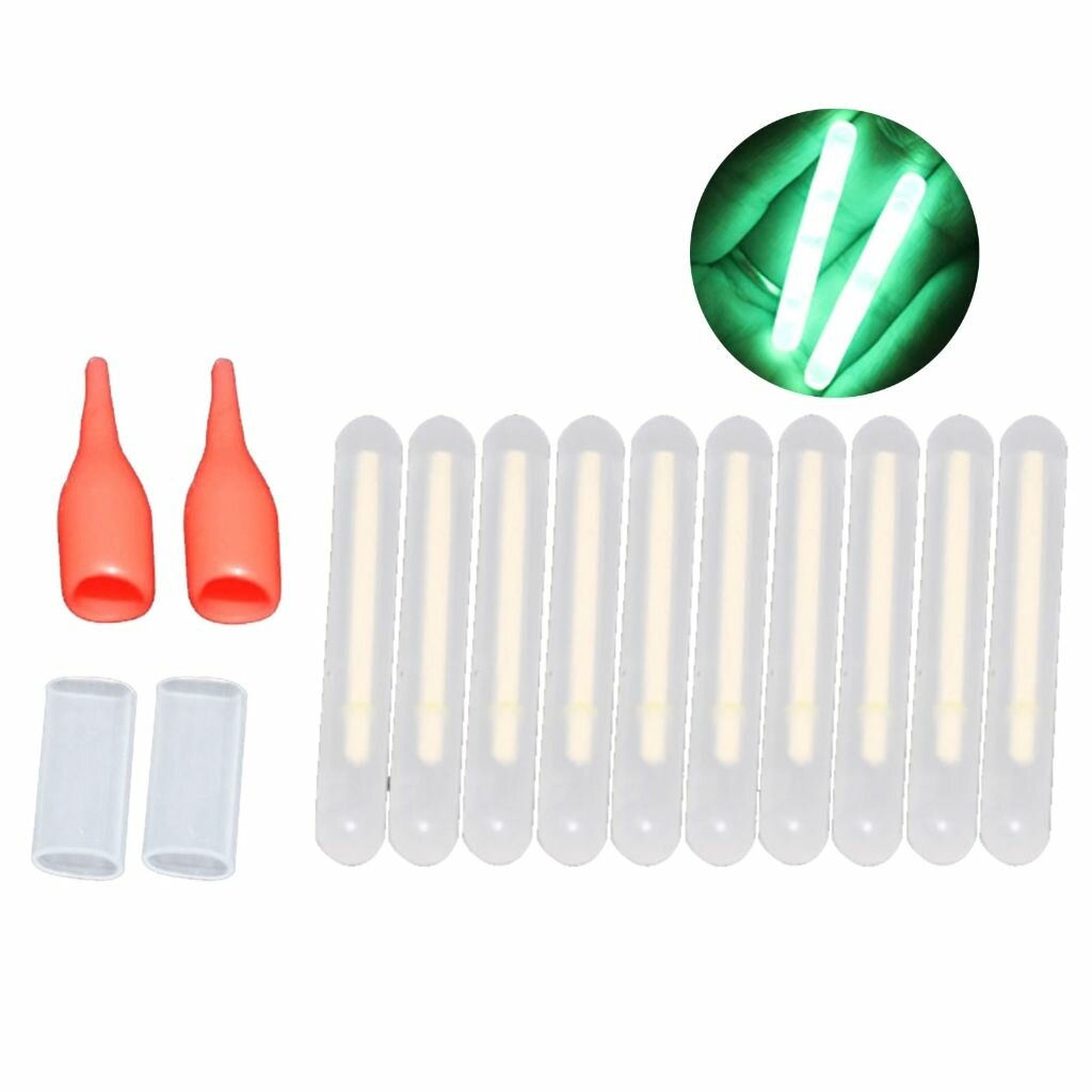 Инструменты для рыбалки, Упаковка светящихся поплавков - зеленый, 10 штук + 2 трубы + 2 красных наконечника, 10 штук