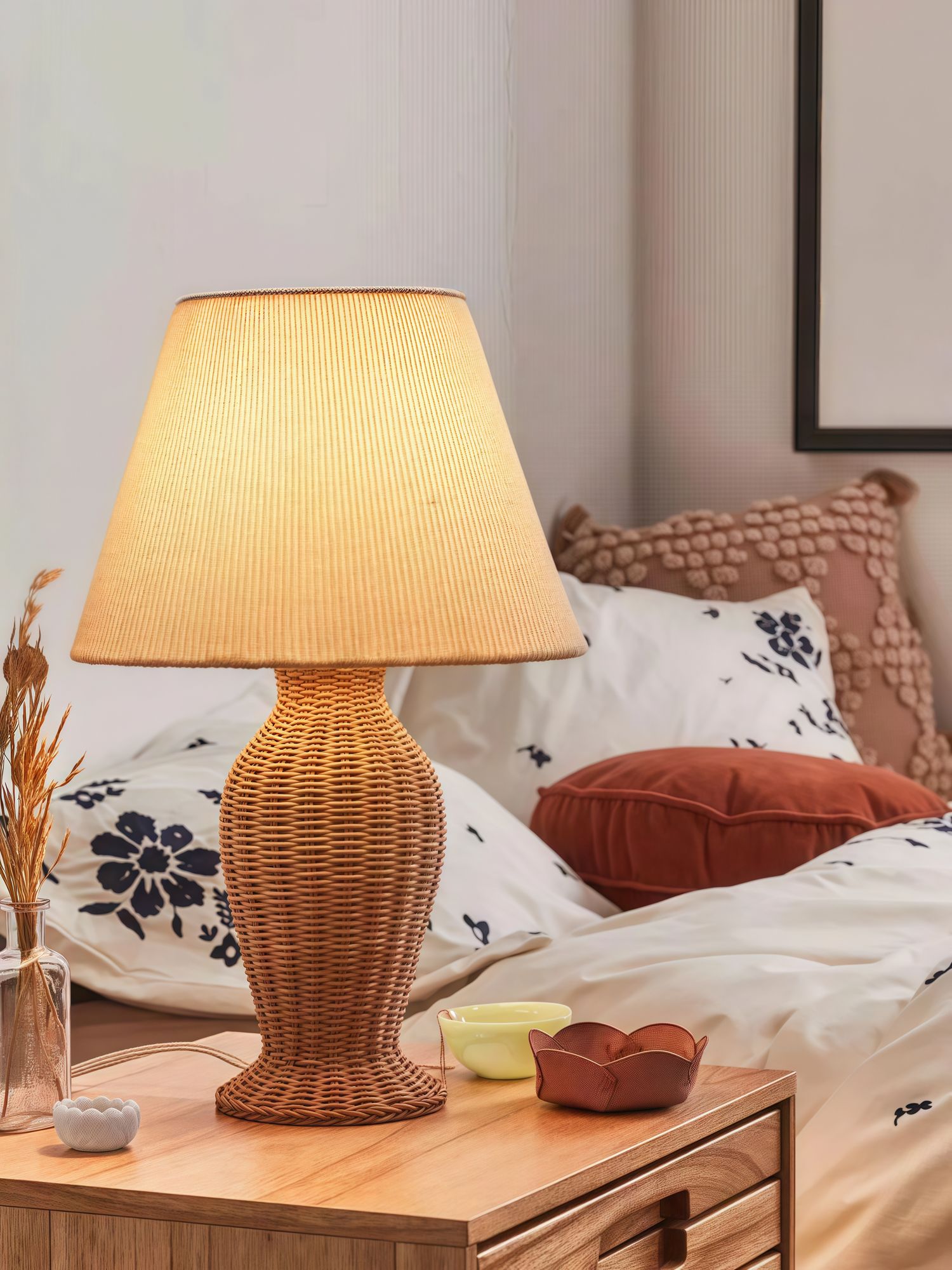 Настольный светильник, ручной работы, ротанг+ткань, E27, LED