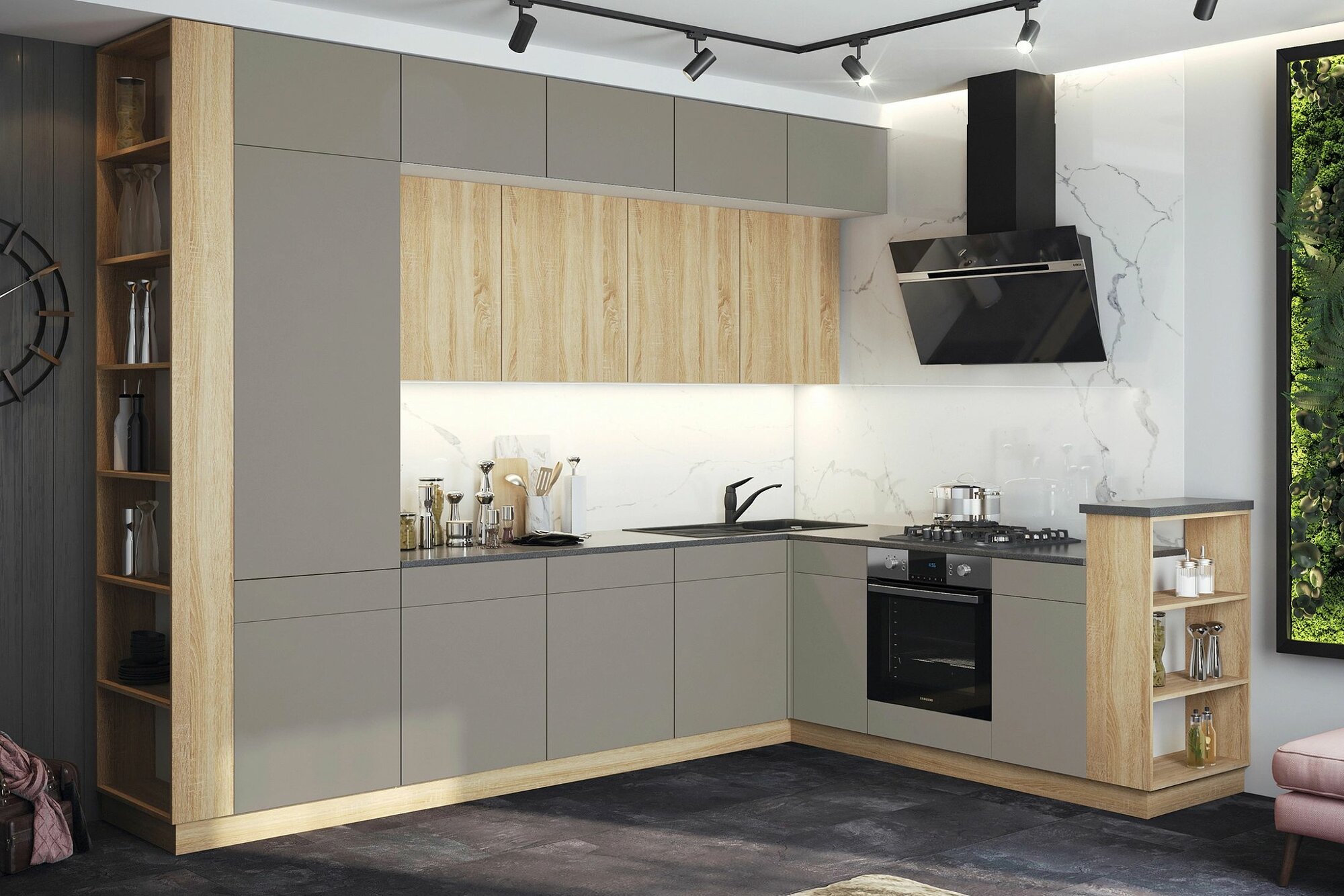 Кухня Техно-5 3,2*2,24м (490) (Сонома/Браш Текстура Грей, Белый (Кастилло темный))