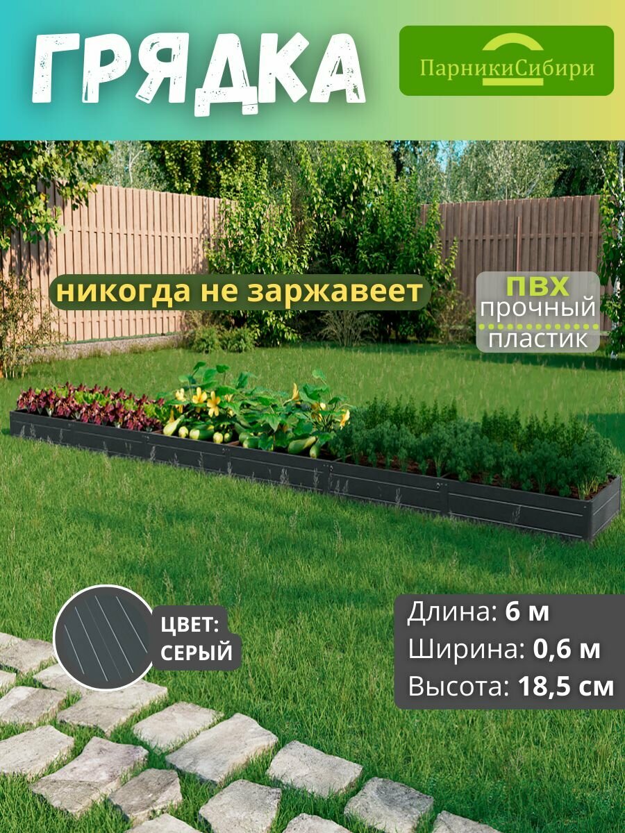 Парники Сибири/Грядка из ПВХ пластика 0,6х6,0 м, высота 18,5 см, Цвет: Серый Графит