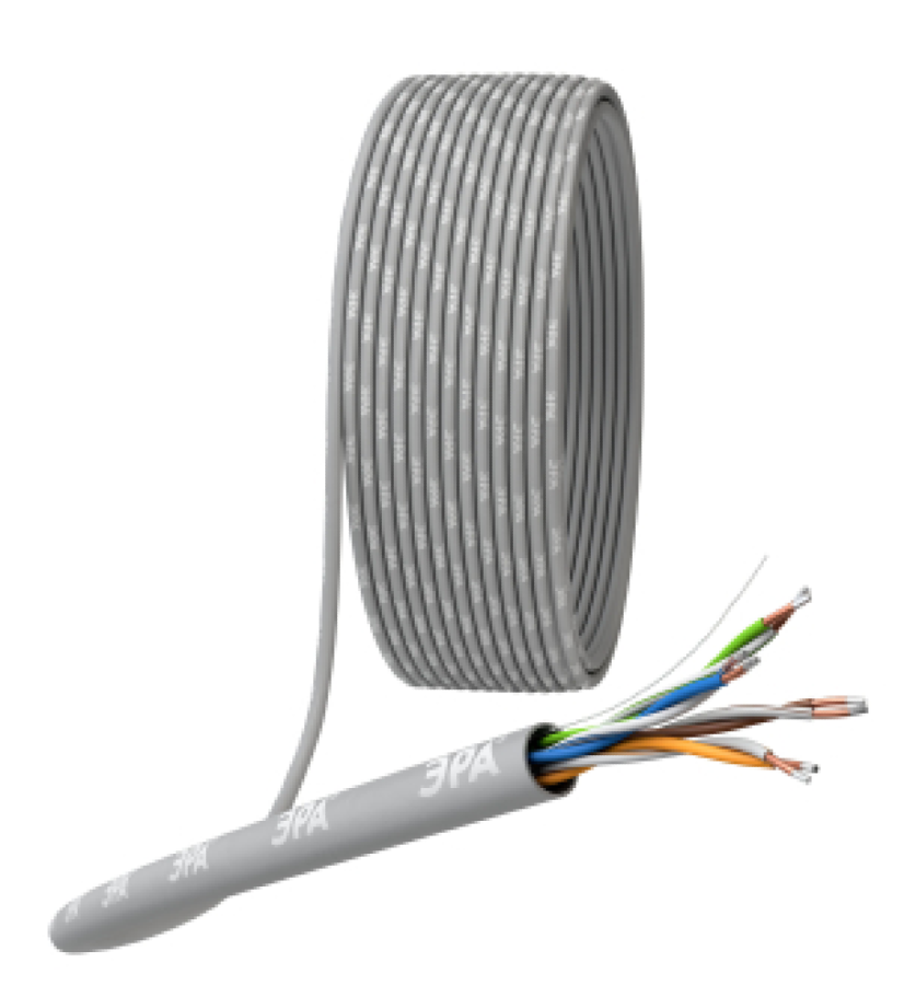 Кабель информационный ЭРА Simple 24AWG, витая пара, CCA PVC, серый, U/UTP, cat5e, 4 пары, 5.1мм, 305м / электрика