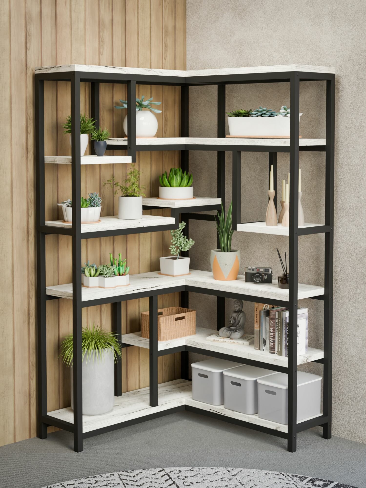 Стеллаж Landloft "Дуглас" Loft, открытый, угловой, цвет дуб крафт белый