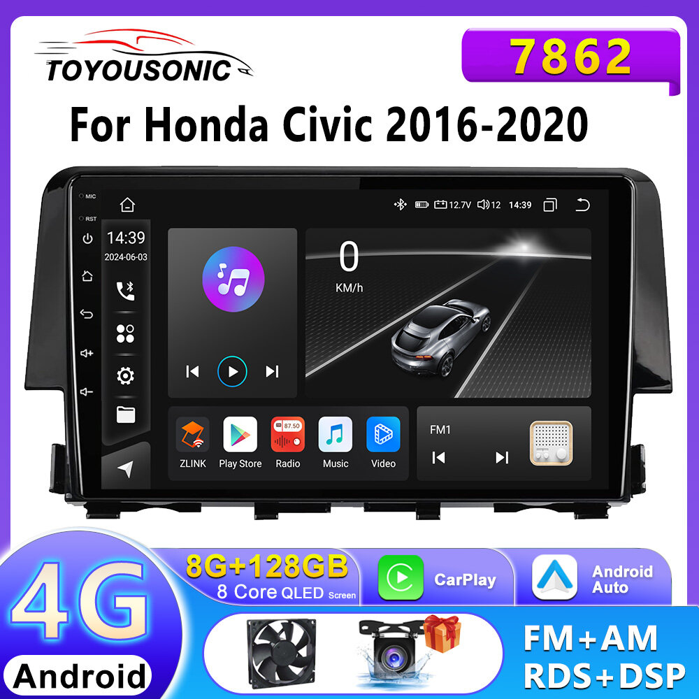 Магнитола для Honda Civic 2016-2020, Автомагнитола для Хонда,4G Android 8+128GB 2din Мультимедиа Bluetooth FM WIFI Автомобильный