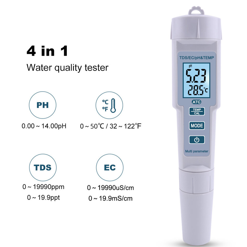 Цифровой PH-метр 4 в 1 TDS EC Temp Высокоточный перьевой тестер качества воды