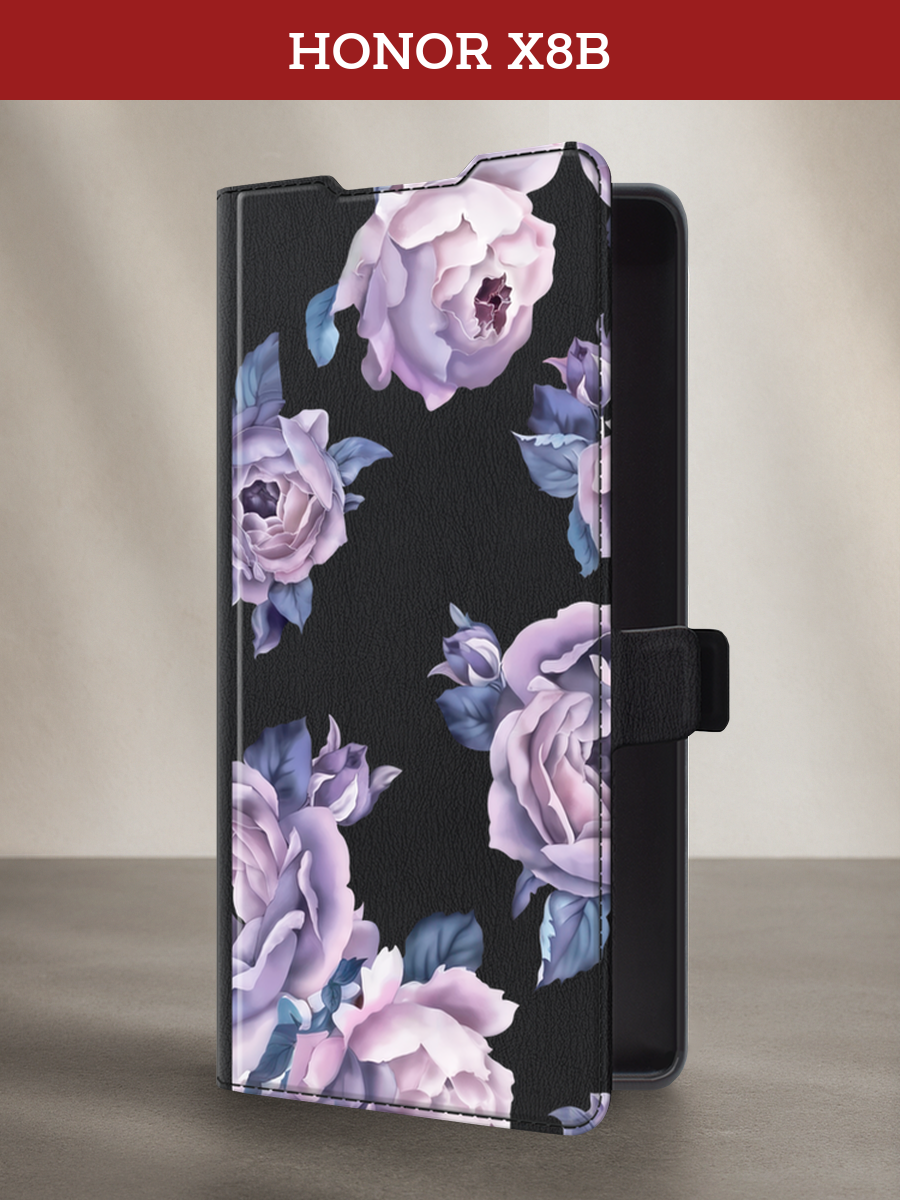 Чехол-книжка на Honor X8B / Хонор Х8B с принтом Меланхоличные цветы, черный