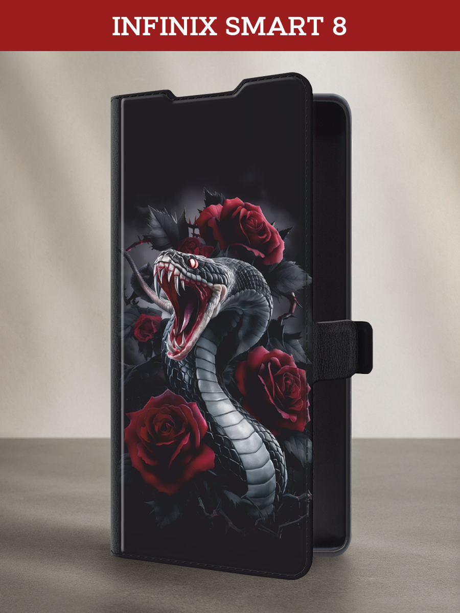 Чехол-книжка на Infinix Smart 8/8 HD/HOT 40i / Инфиникс Смарт 8/8 HD/Хот 40i с принтом Dark snake, черный