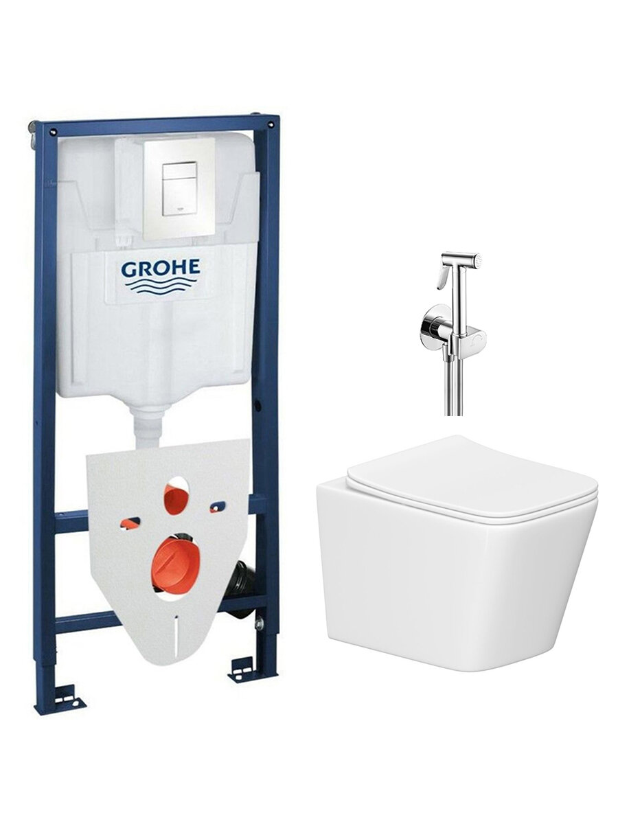 Инсталляция с унитазом и гигиеническим душем: унитаз Helmken 35120001, инсталляция Grohe, шумоизоляция, гиг. душ