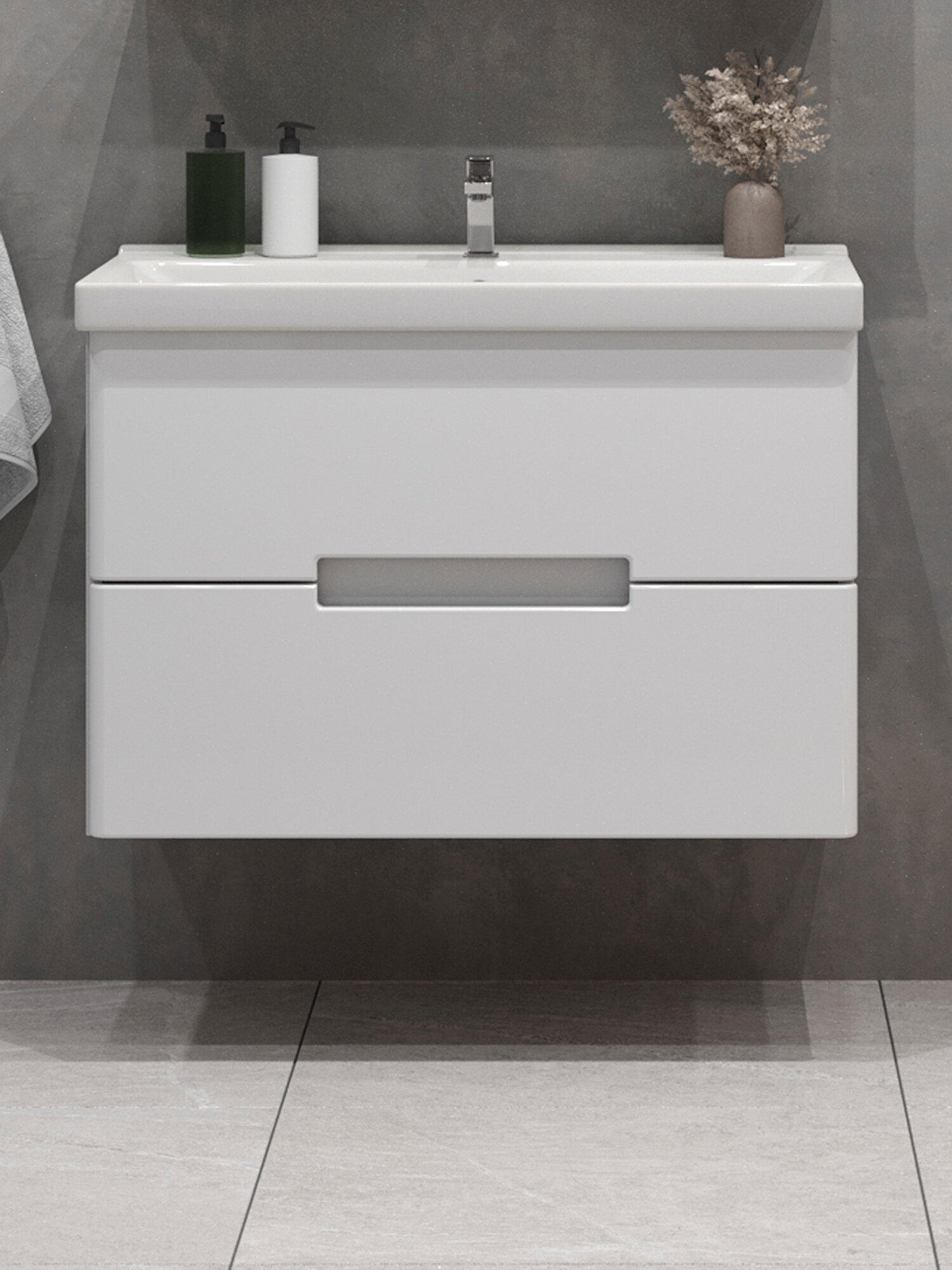 Тумба подвесная SanStar Ориана 80 с раковиной Фест 80 (комплект) для ванной комнаты, белая