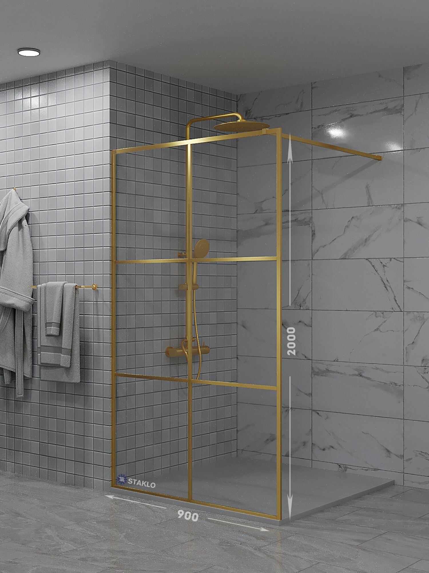 Loft душевая одиночная перегородка staklo 90x200 из осветленного стекла золото фурнитура