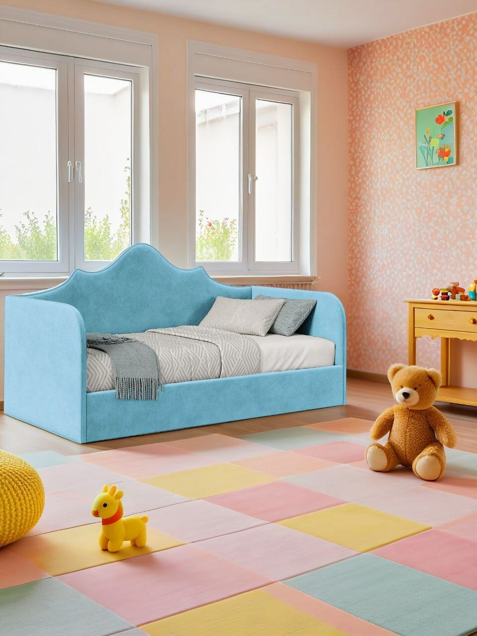 Диван-кровать детская односпальная Элиза, 200х90 см, с подъемным механизмом, Бирюза, ткань Смайл