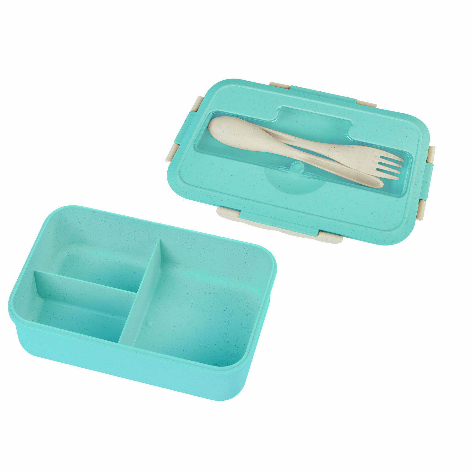 Упаковка 3 шт. Ланч-бокс контейнер, 1 секция, 3 отделения, 1,4 л, ложка, вилка, 8х21х14 см, мятный, JOYLUX (джойлюкс) ECO, 609344