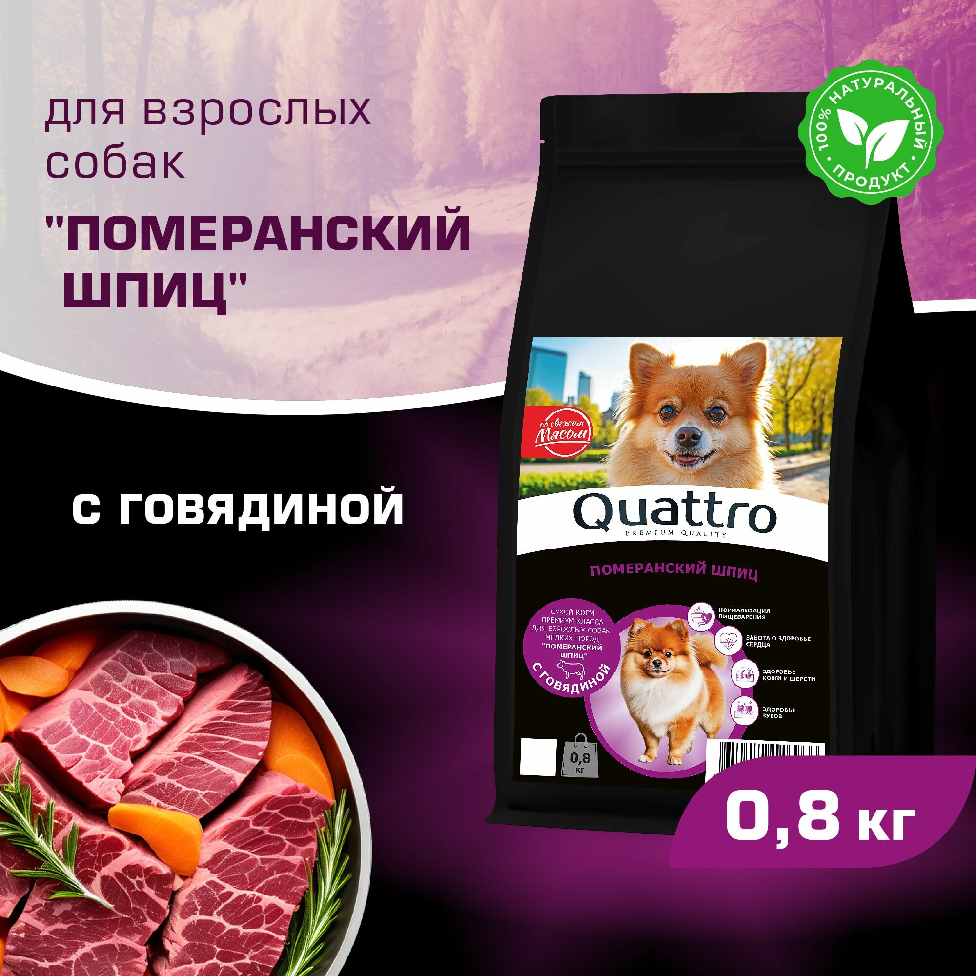 Quattro корм для взрослых собак породы Померанский шпиц, с говядиной 800 гр