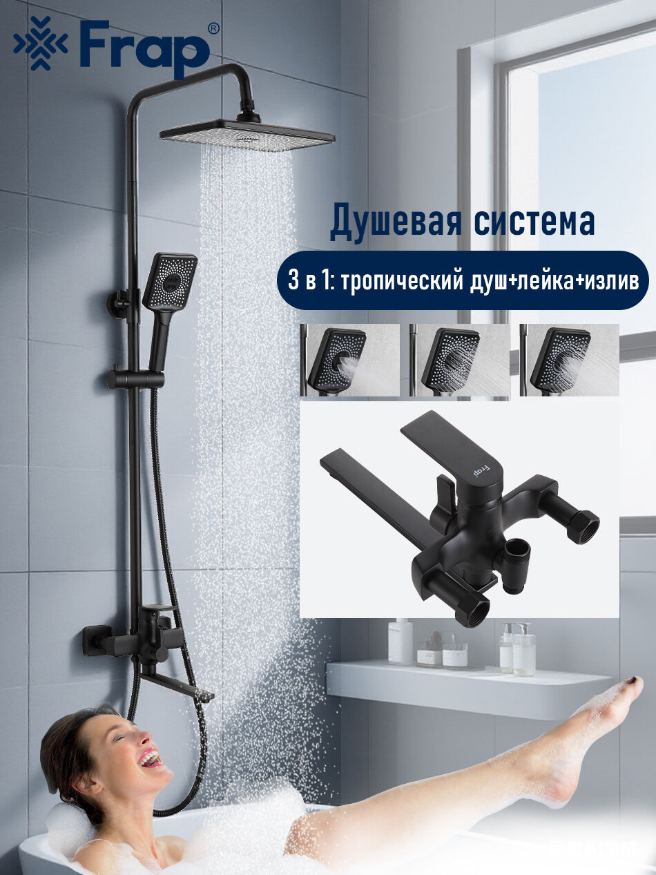 Душевая стойка со смесителем и тропическим душем Frap F2471-6 черный, латунь