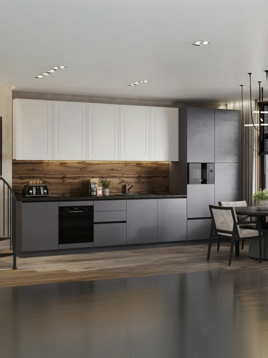 Кухонный гарнитур 4,2м с фартуком, Эмаль графит/белый, фасад крашеный, ручка гола.