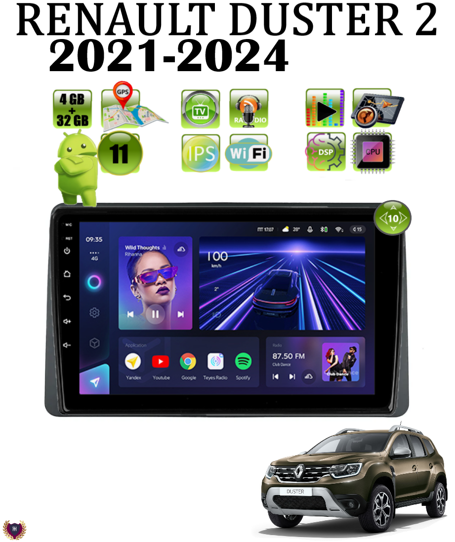 Автомагнитола для Renault Duster 2/Рено Дастер (2021-2024), Android 11, 4/32 GB, Bluetooth, WiFi, CarPlay, поддержка кнопок на руле