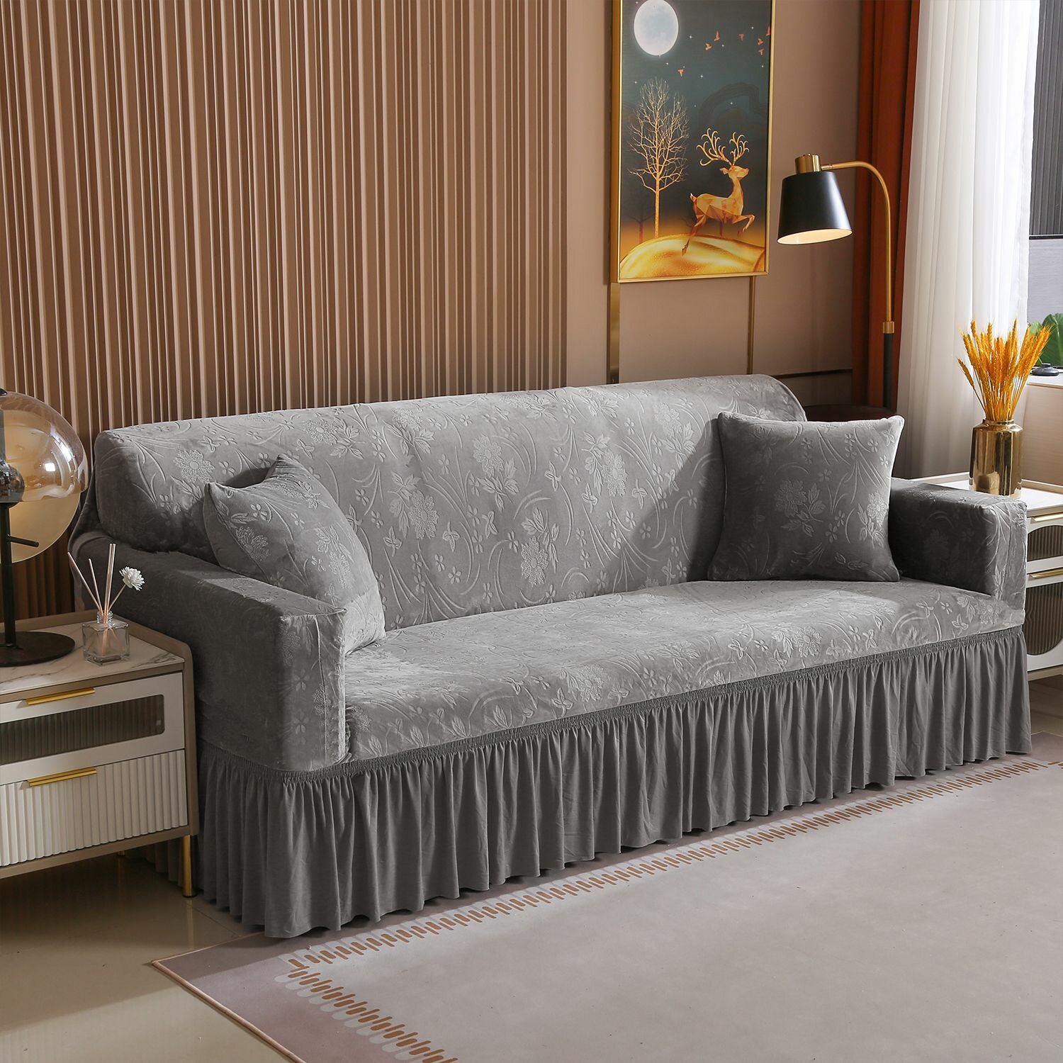 Чехол для мебели AiWinsure, Чехол на диван с подлокотниками трехместный Эластичный бархат, Жаккардовый мягкий