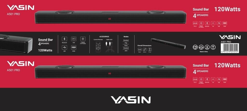 Саундбар Yasin A501 Pro 120 Вт, Bluetooth, HDMI, USB, AUX