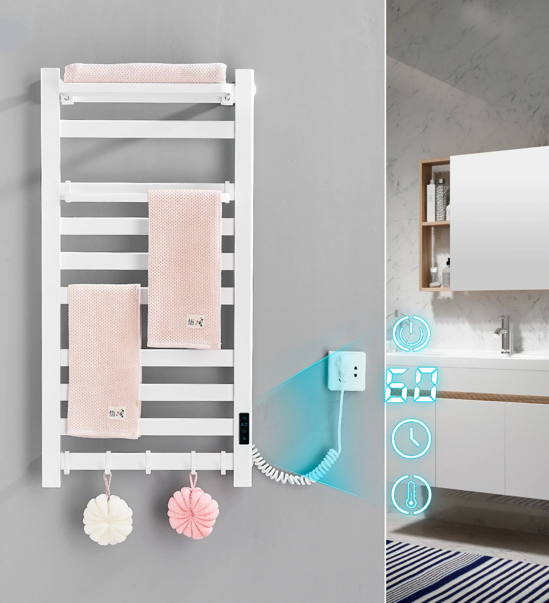 Ванная комната Электрический рабочий полотенцесушитель с терморегулятором 96 * 48p белый универсальное соединение