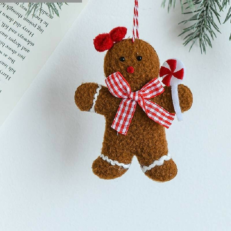Милый коричневый пряничный человечек из ткани для украшения новогодней елки стиль с