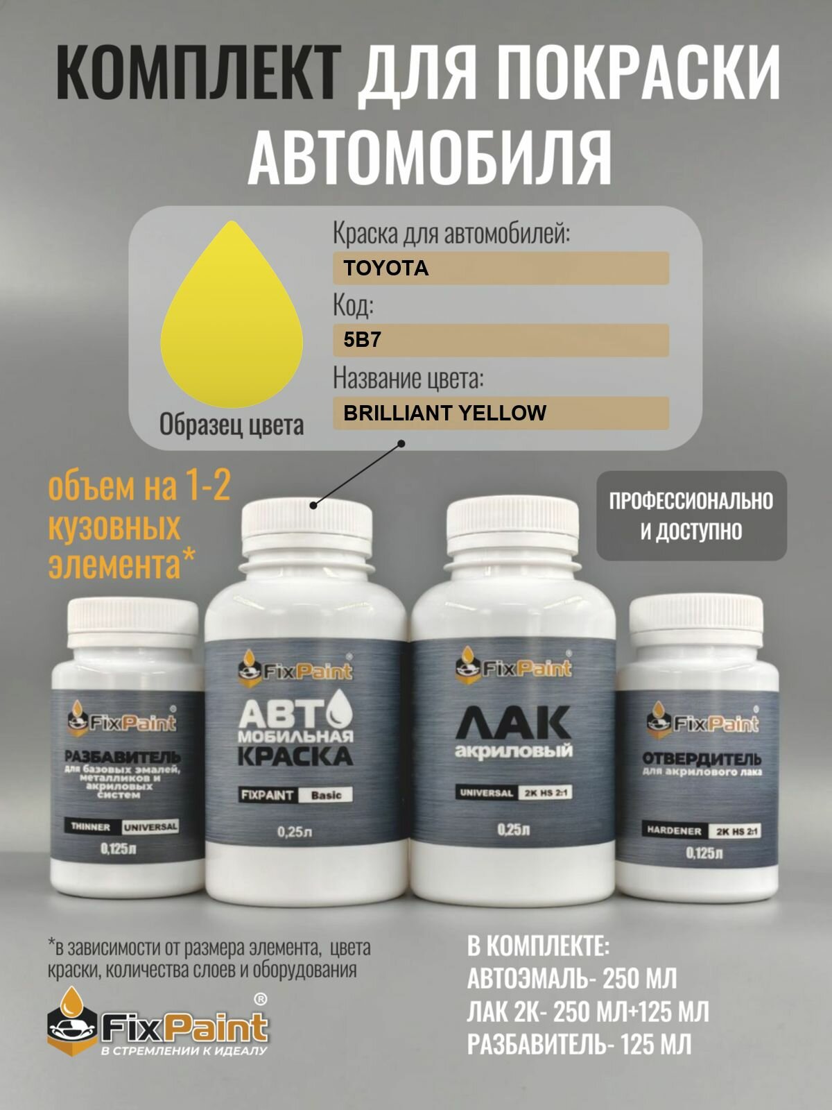 Комплект для покраски TOYOTA, код 5B7, BRILLIANT YELLOW, базовая автомобильная краска 250 мл, лак 2K 250 мл с отвердителем, разбавитель 125 мл, FixPaint Pro
