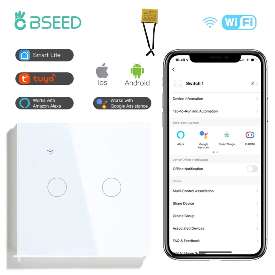 BSEED Умный сенсорный выключатель света 1/2/3/4 Gang, 2Gang White