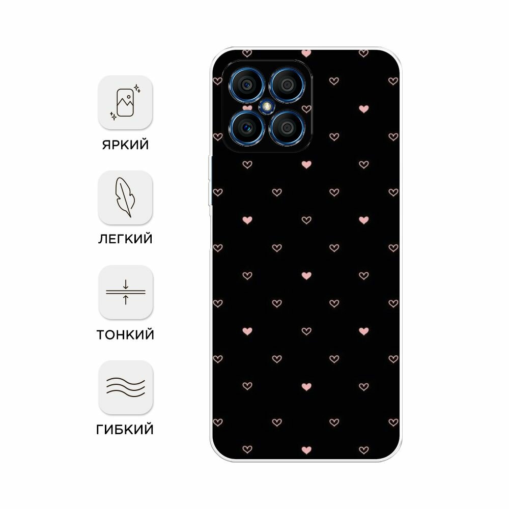 Чехол на Honor X8 / Хуавей X8 с принтом "Черный фон и сердечки" — фото 1