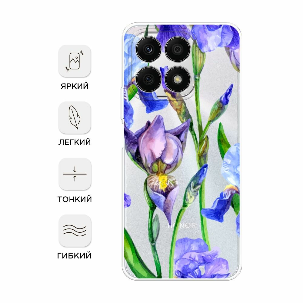 Чехол на Honor X8A / Хонор X8A с принтом "Синие ирисы", прозрачный — фото 1