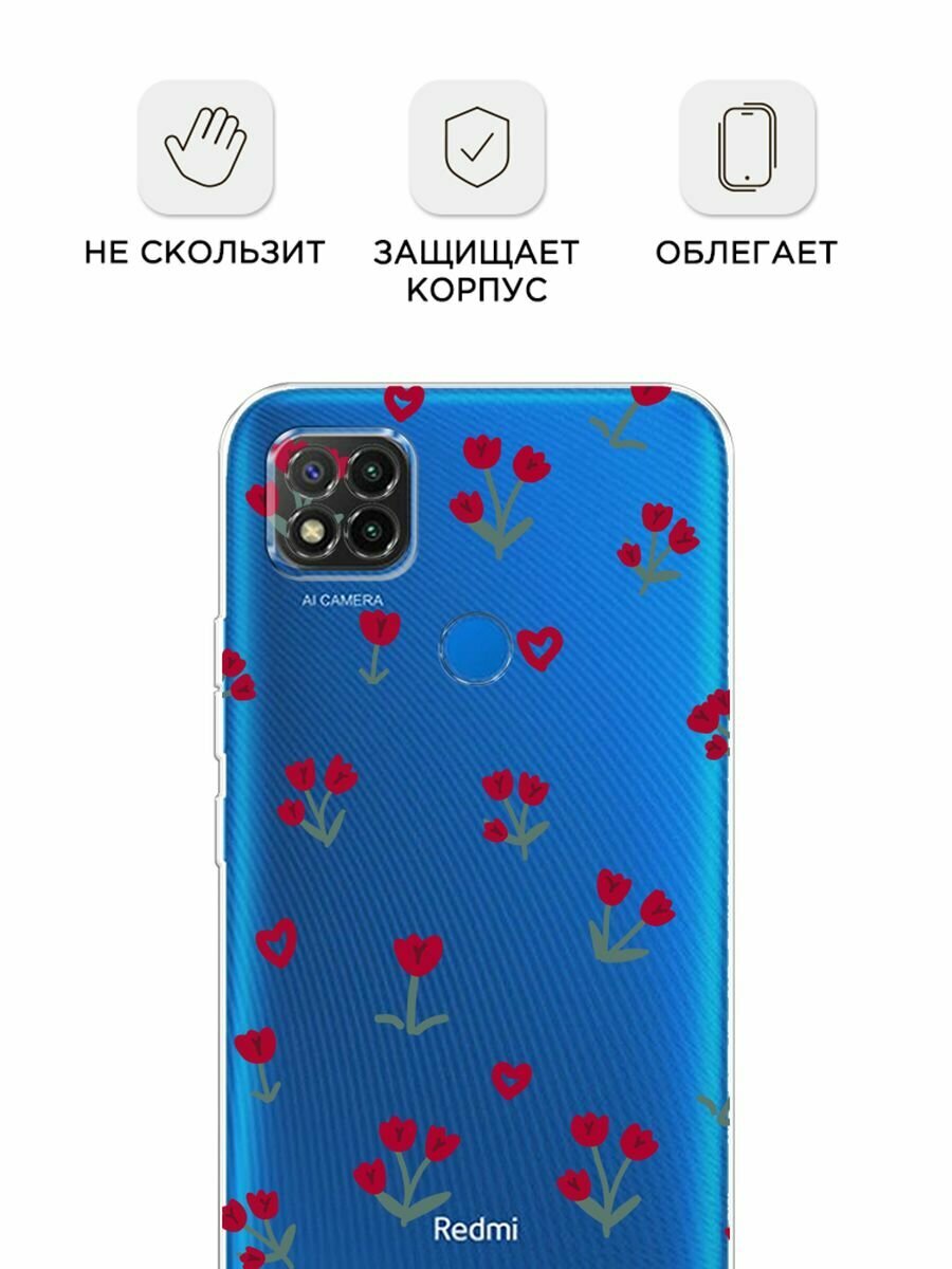 Чехол на Xiaomi Redmi 9C / Сяоми Редми 9C с принтом "Красные тюльпанчики", прозрачный — фото 1