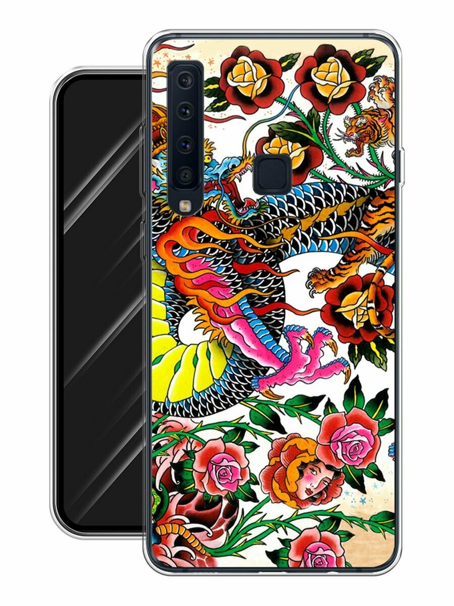 Чехол на Samsung Galaxy A9 2018 / Самсунг Галакси А9 2018 с принтом "Дракон в цветах" — фото 1