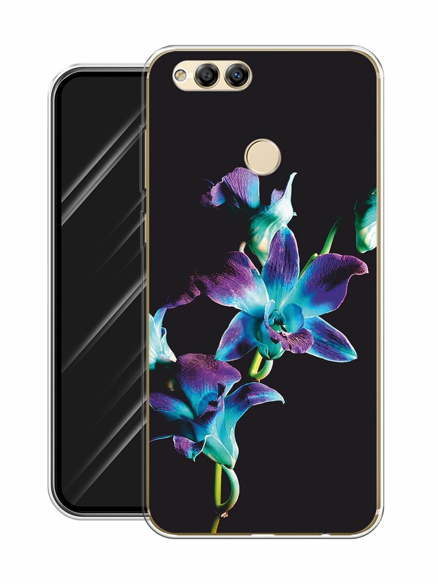Чехол на Honor 7X / Хонор 7Х с принтом "Синий цветок на черном" — фото 1