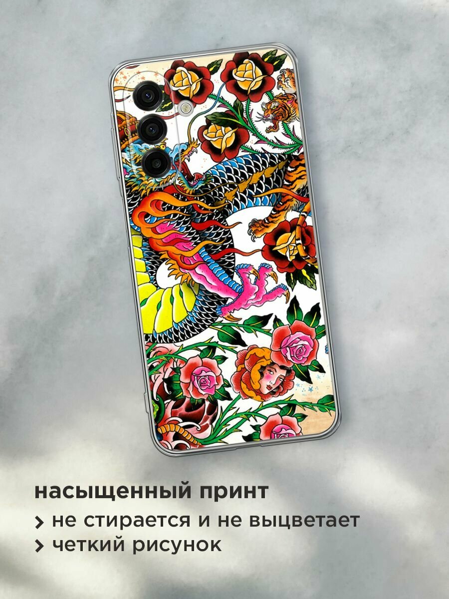 Чехол на Samsung Galaxy A17 / Самсунг А17 с принтом "Дракон в цветах" — фото 1