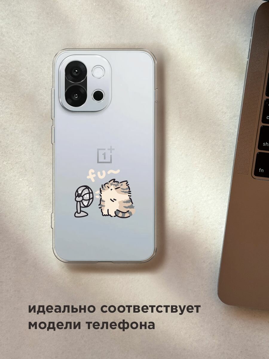 Чехол на OnePlus 13T / Ван Плас 13Т с принтом "Котик с вентилятором", прозрачный — фото 1