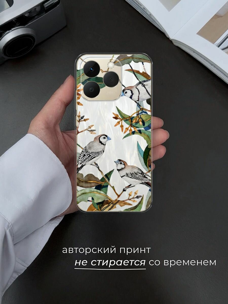 Чехол на Realme 15T / Реалми 15Т с принтом "Птицы в листве", прозрачный — фото 1
