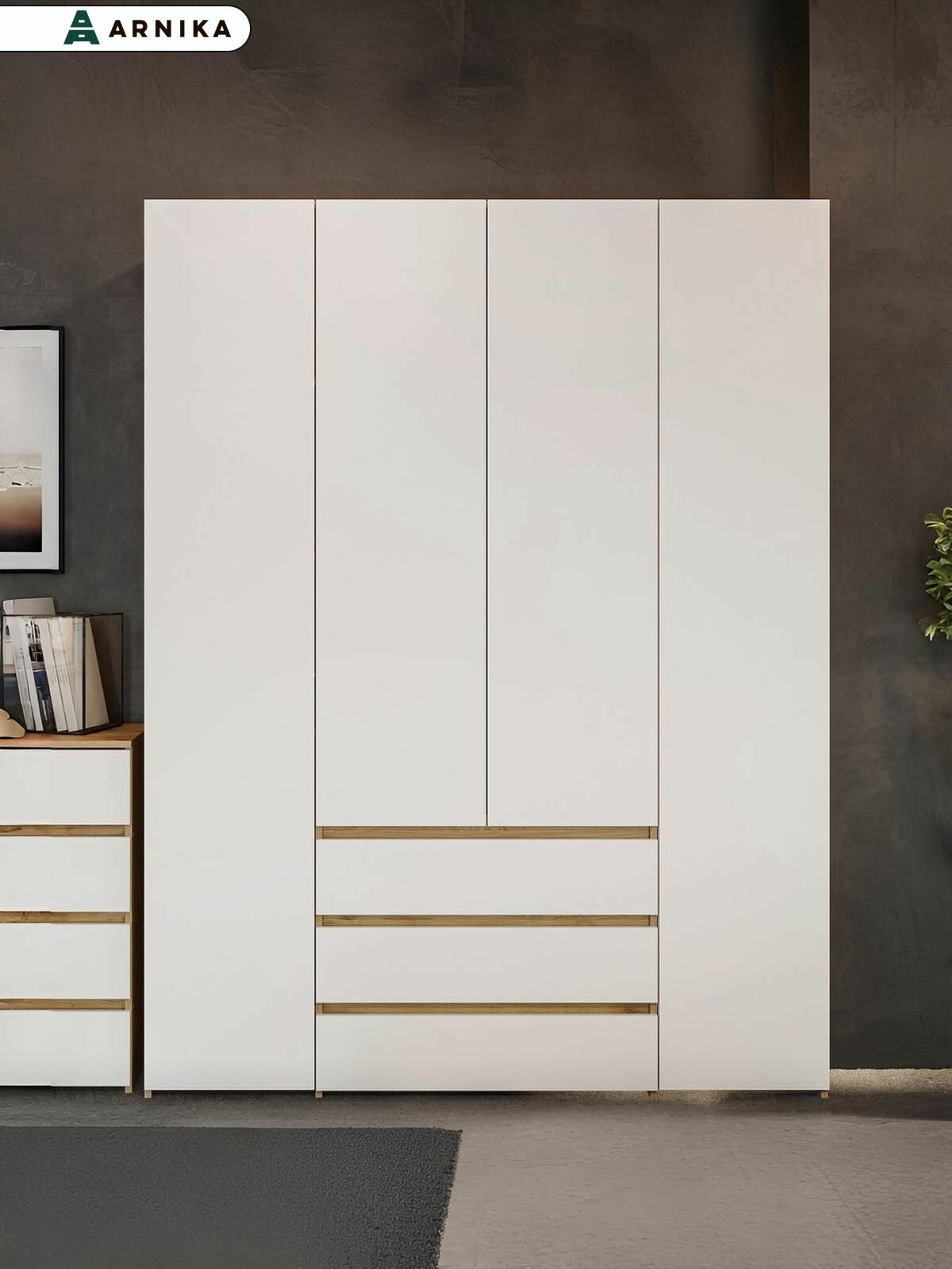 ARNIKA Шкаф распашной с ящиками для одежды "Нейтив", 160х46х210см, Дуб Золотой/Белый